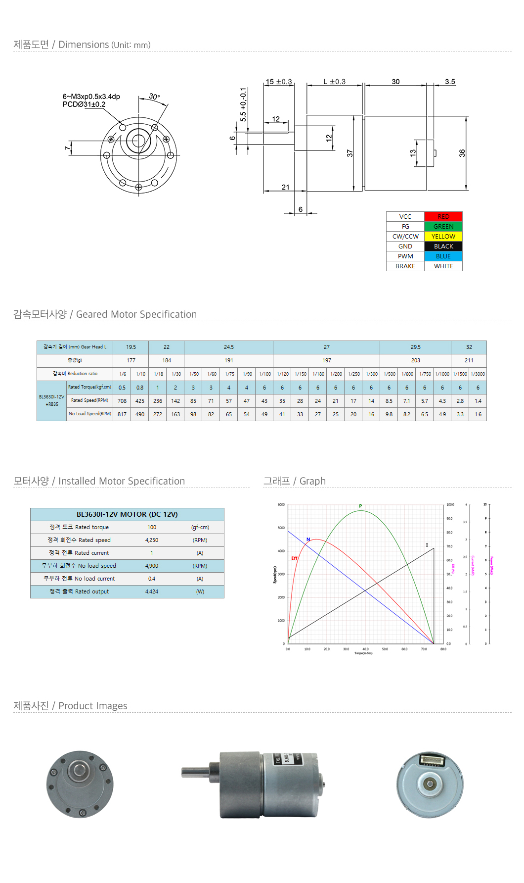 제품소개 > BLDC Geared Motor > BL3630I-12V with RB35